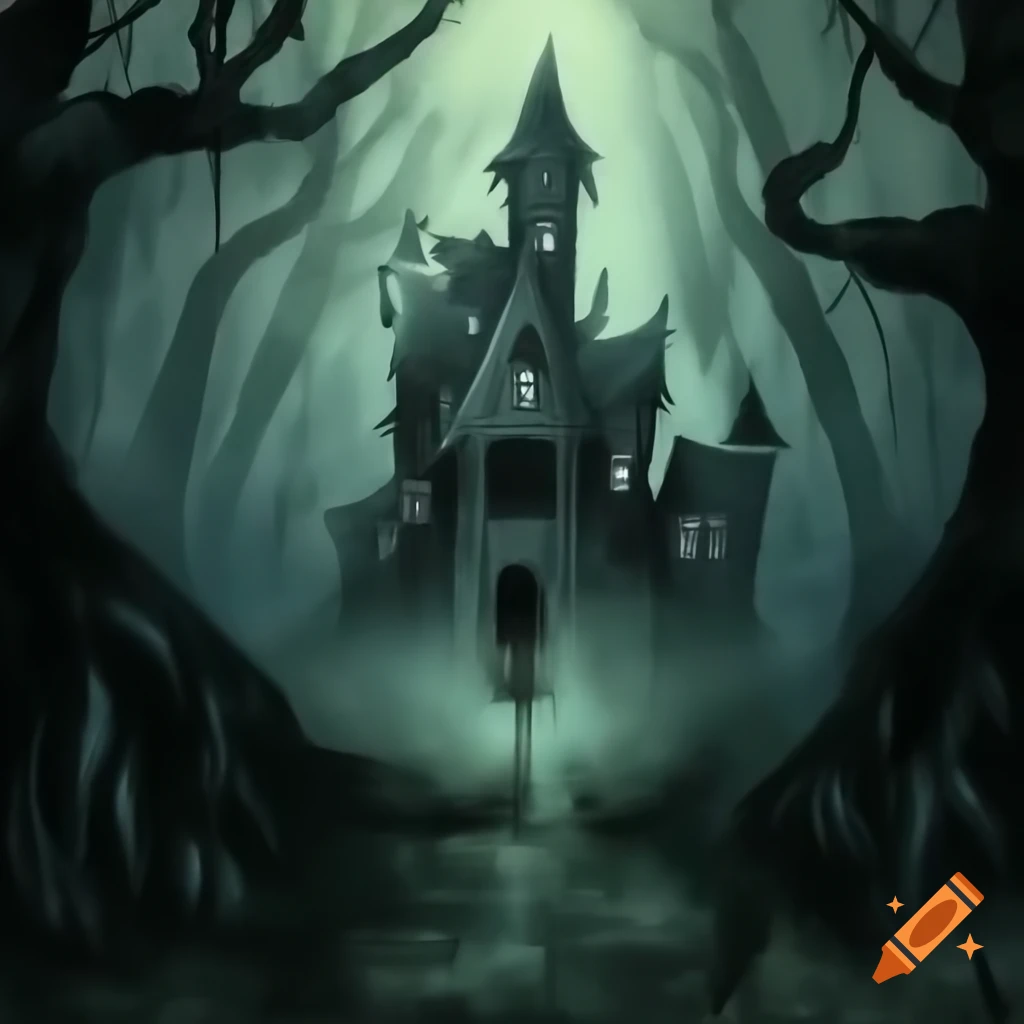Gothic fairy tale scene in enchanted forest with haunted manor and ...
