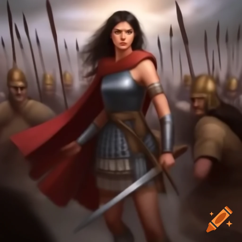 Ancient warrior princess in cape practicing sword combat on Craiyon