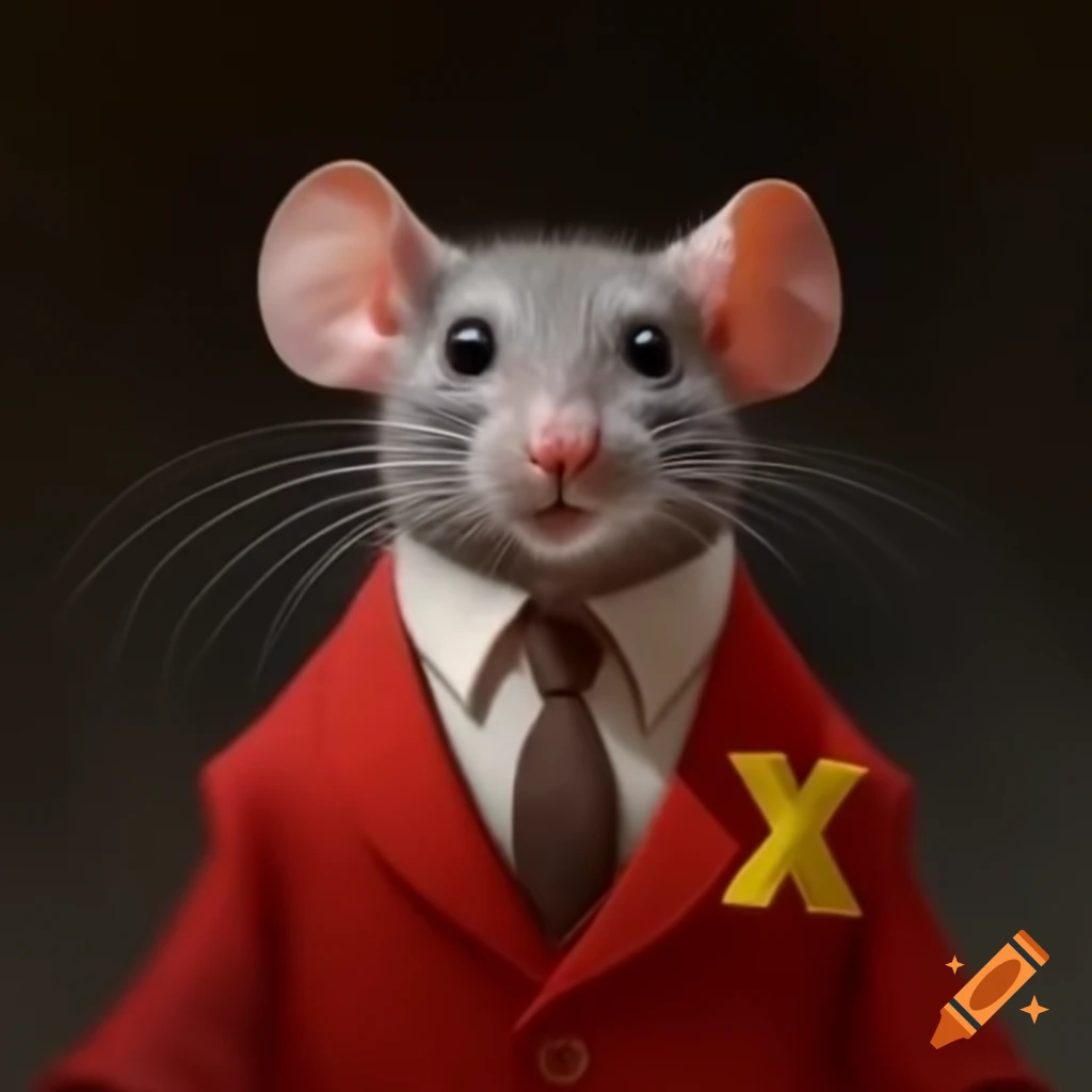 Grey mouse in red suit with large yellow M logo on Craiyon