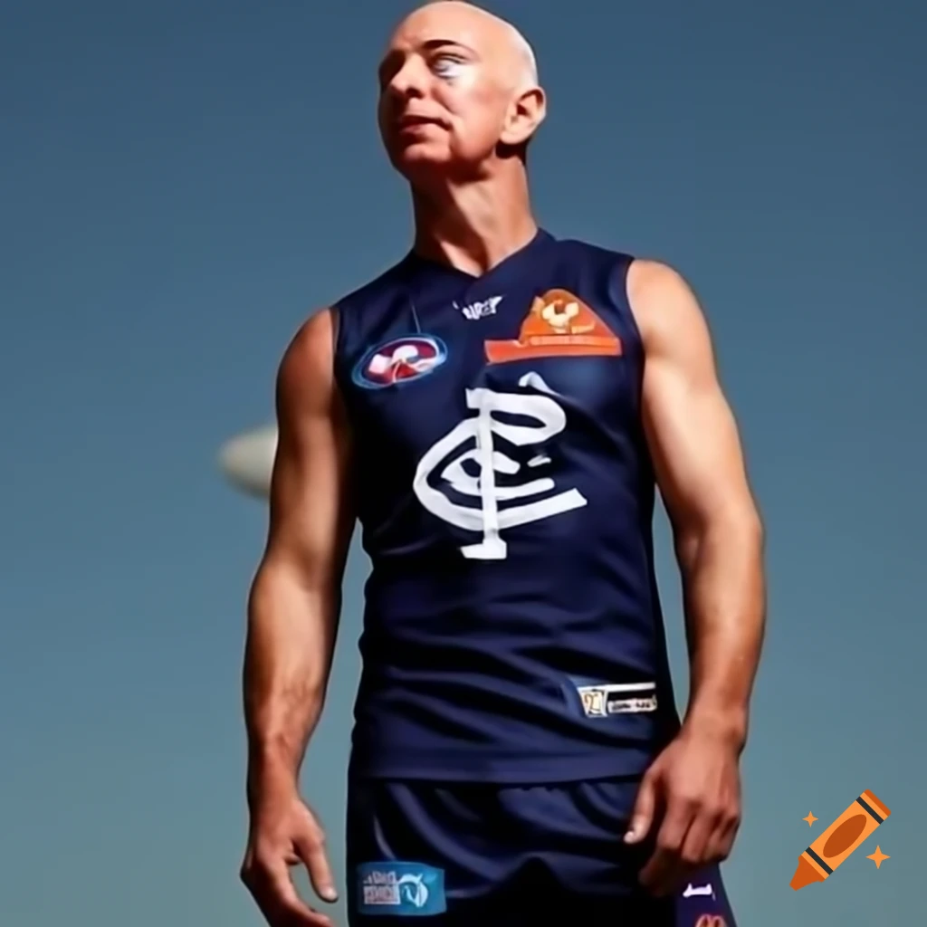 Jeff Bezos in Carlton AFL Blues jersey showcasing muscles on Craiyon