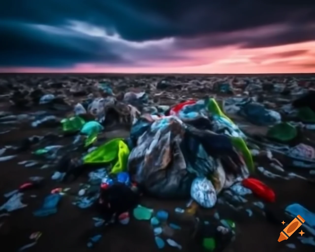 Wide-angle view of colorful garbage dump with rats under dramatic sky ...