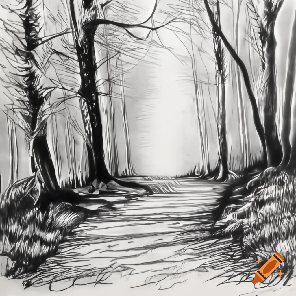 Pen and ink drawing of forest path inspired by Bernie Wrightson on Craiyon
