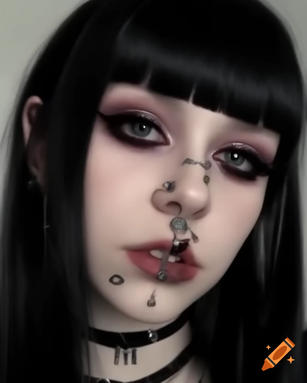 Goth emo girl with multiple piercings and long black hair on Craiyon