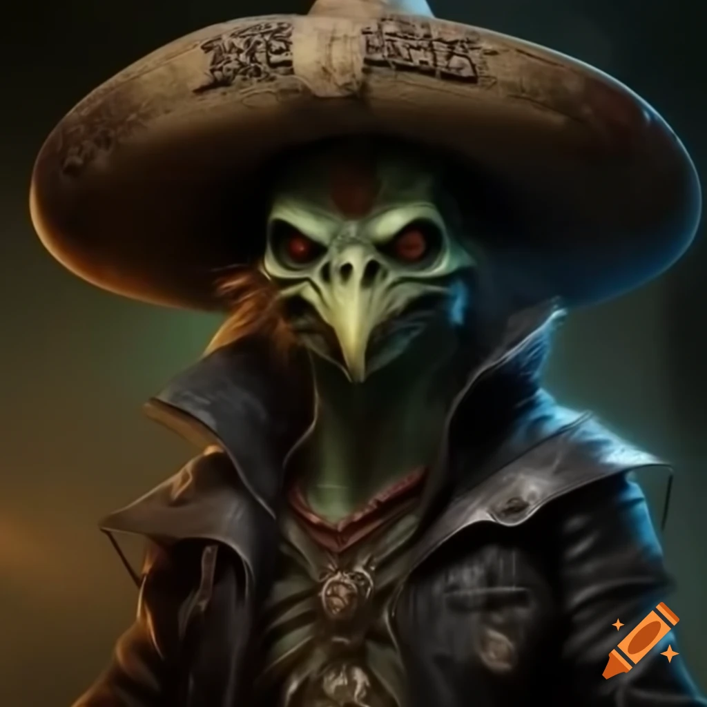 Zombie giant chicken dressed in black leather with sombrero and bazooka ...