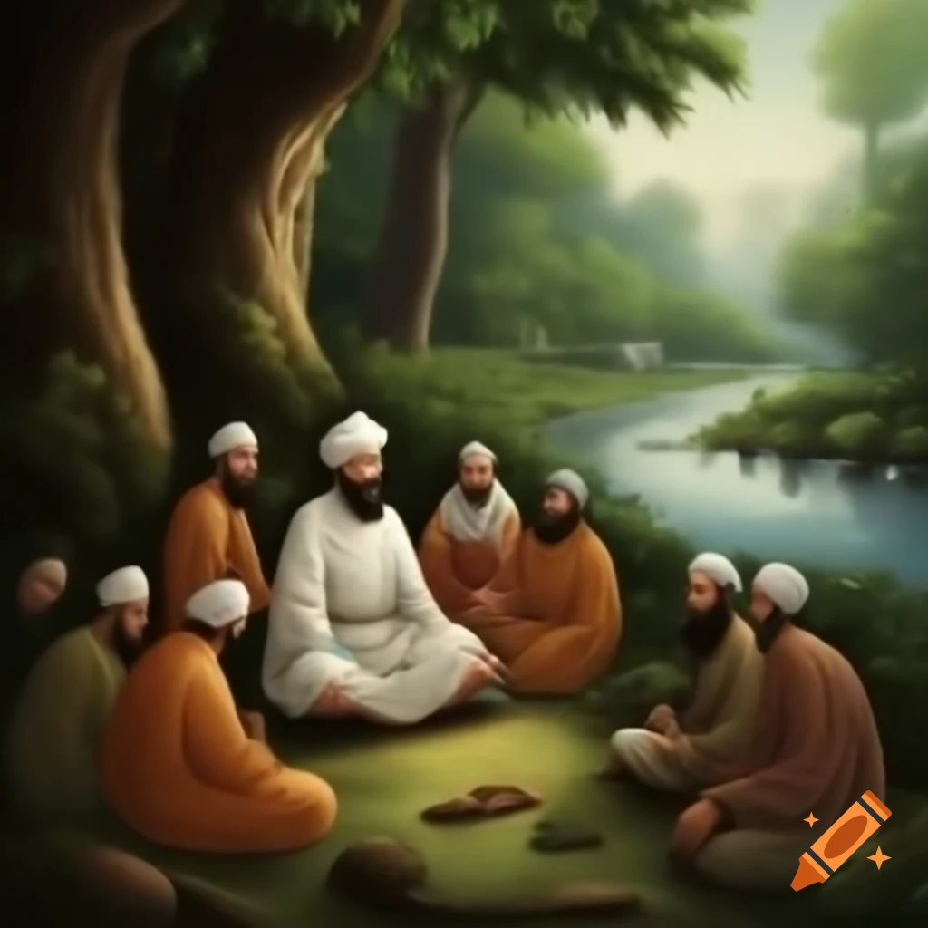 Sufi saint from the 1500s in traditional robes by a riverbank with ...