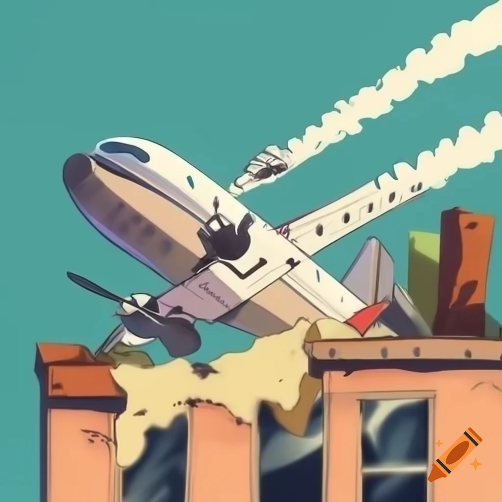 Drawing of plane collapsing onto building in colorful 4K resolution on ...