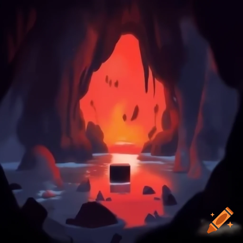 Underground lake in dark cave illuminated by fiery barrel, with ...