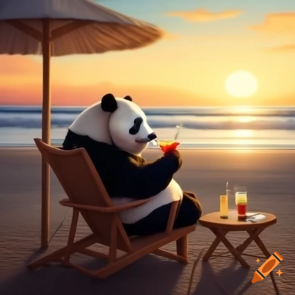Panda relaxing on deckchair at beach with cocktail during sunset on Craiyon
