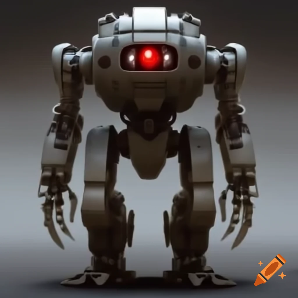 Humanoid robot with blades for arms and red eye, facing forward on Craiyon