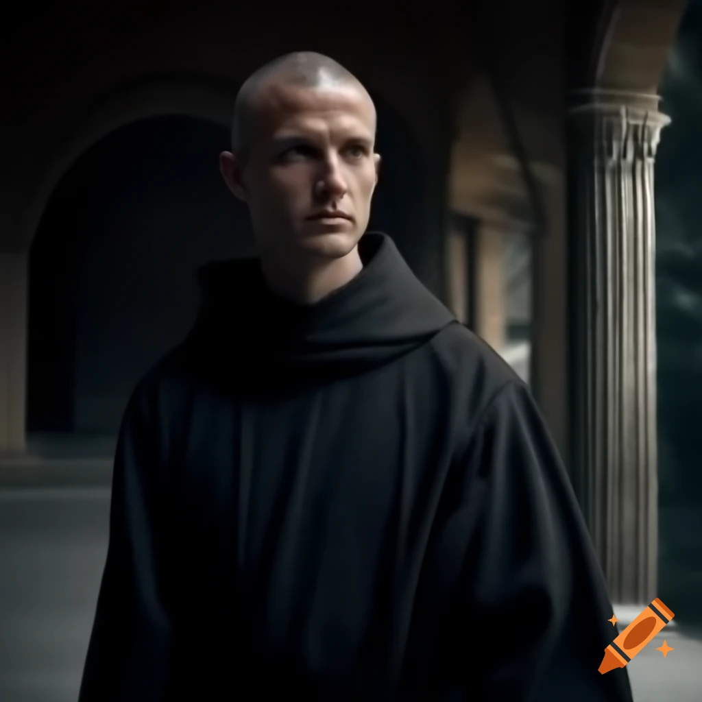 Benedictine monk in black habit in Romanesque stone cloister at night ...