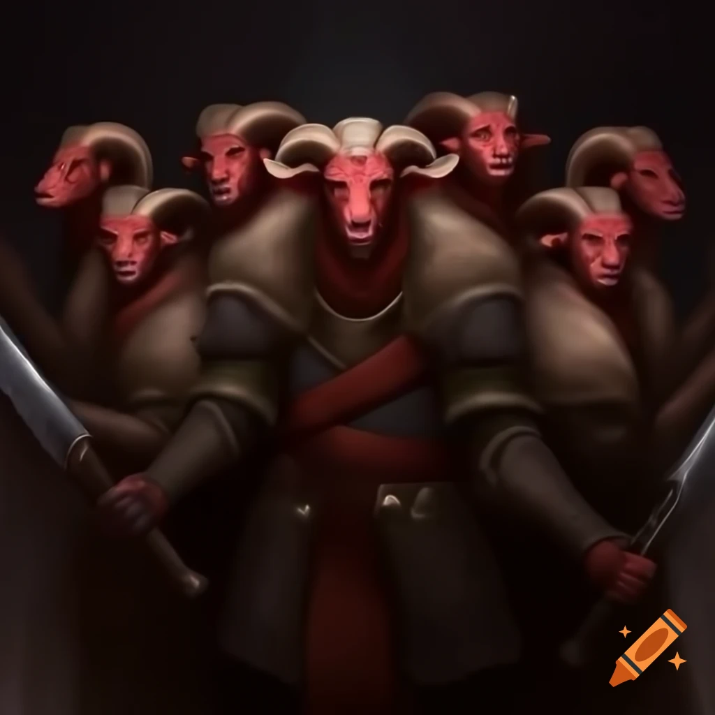 Group of red-skinned tieflings with ram horns holding swords on Craiyon