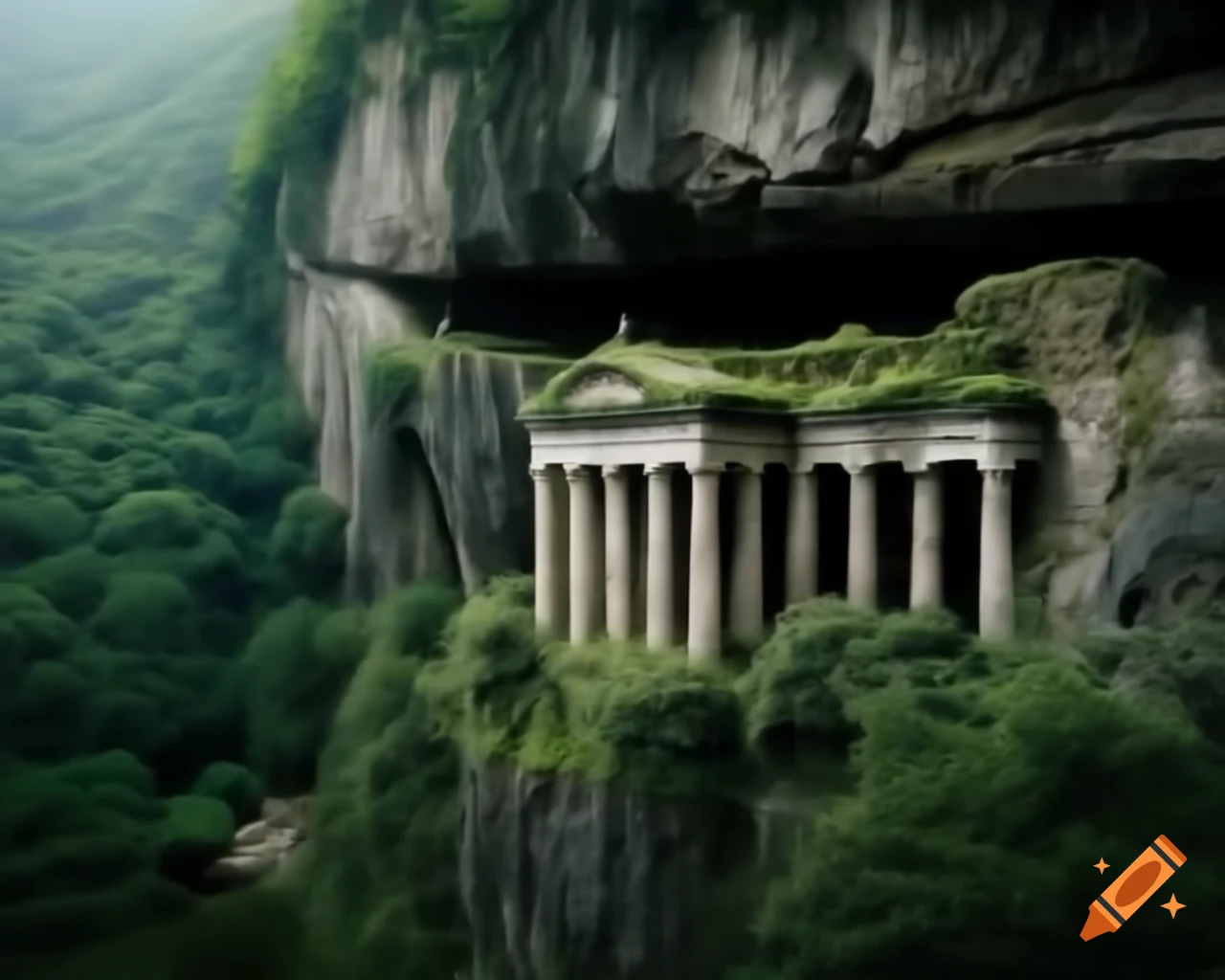 Overgrown Ancient Greek temple under cliff overlooking forest river on ...