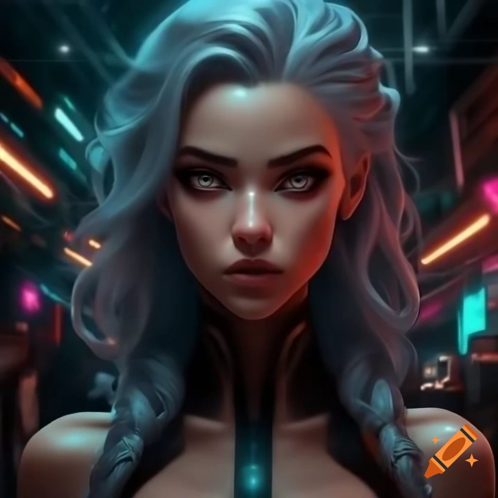 Woman with silver hair and circuit patterns in cyberpunk metropolis on ...