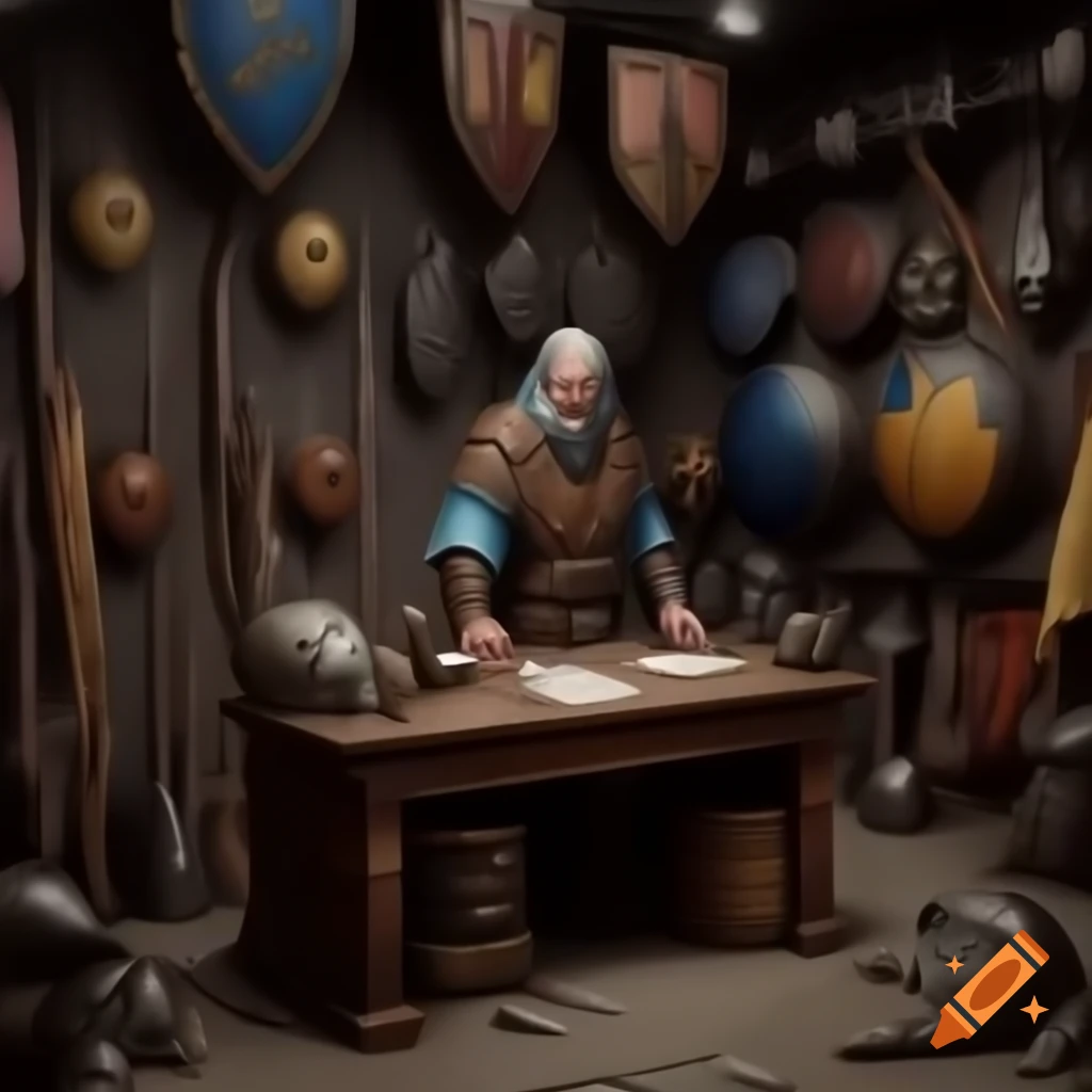 Medieval fantasy weapon store with magic items and dwarf shopkeeper ...