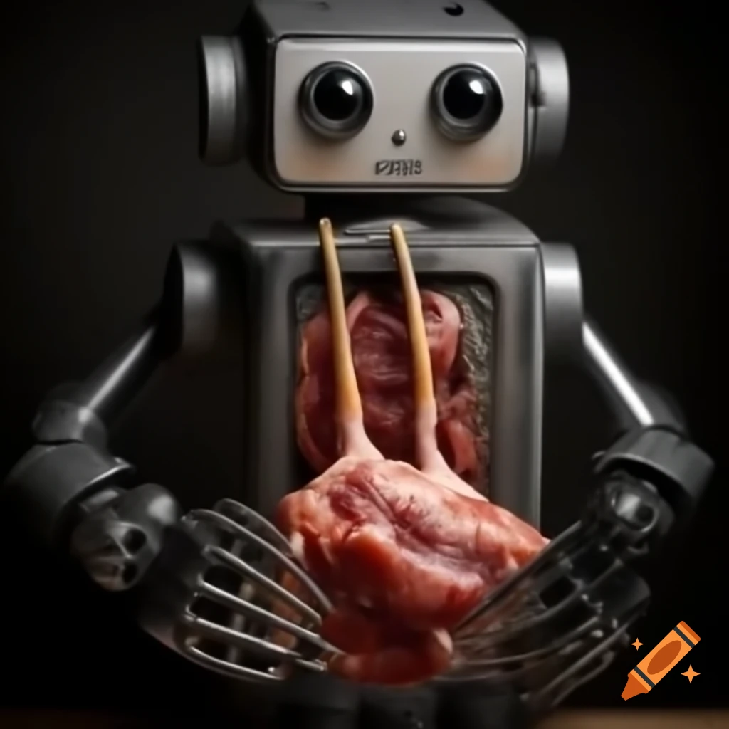 Robot crafted from meat holding a butcher's cleaver on Craiyon