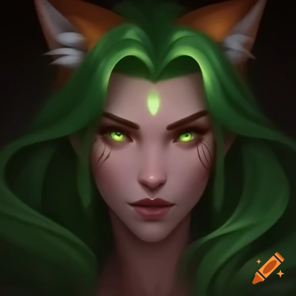 Alchemist character with fox ears, green hair, and green eyes on Craiyon
