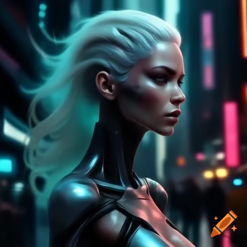 Captivating woman with white hair and cybernetic enhancements in neon ...