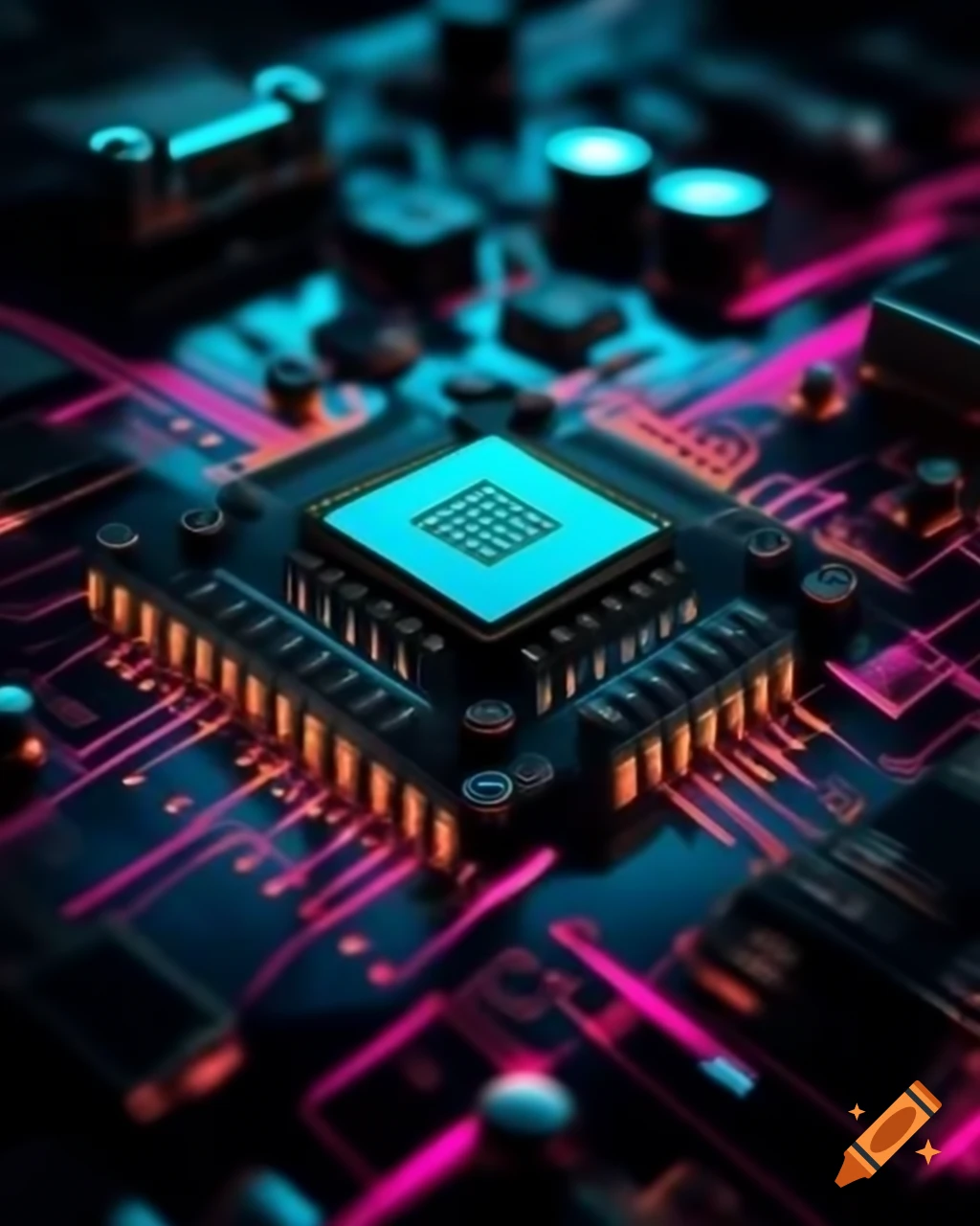 Macro shot of Bluetooth circuit board with neon colors and polished ...