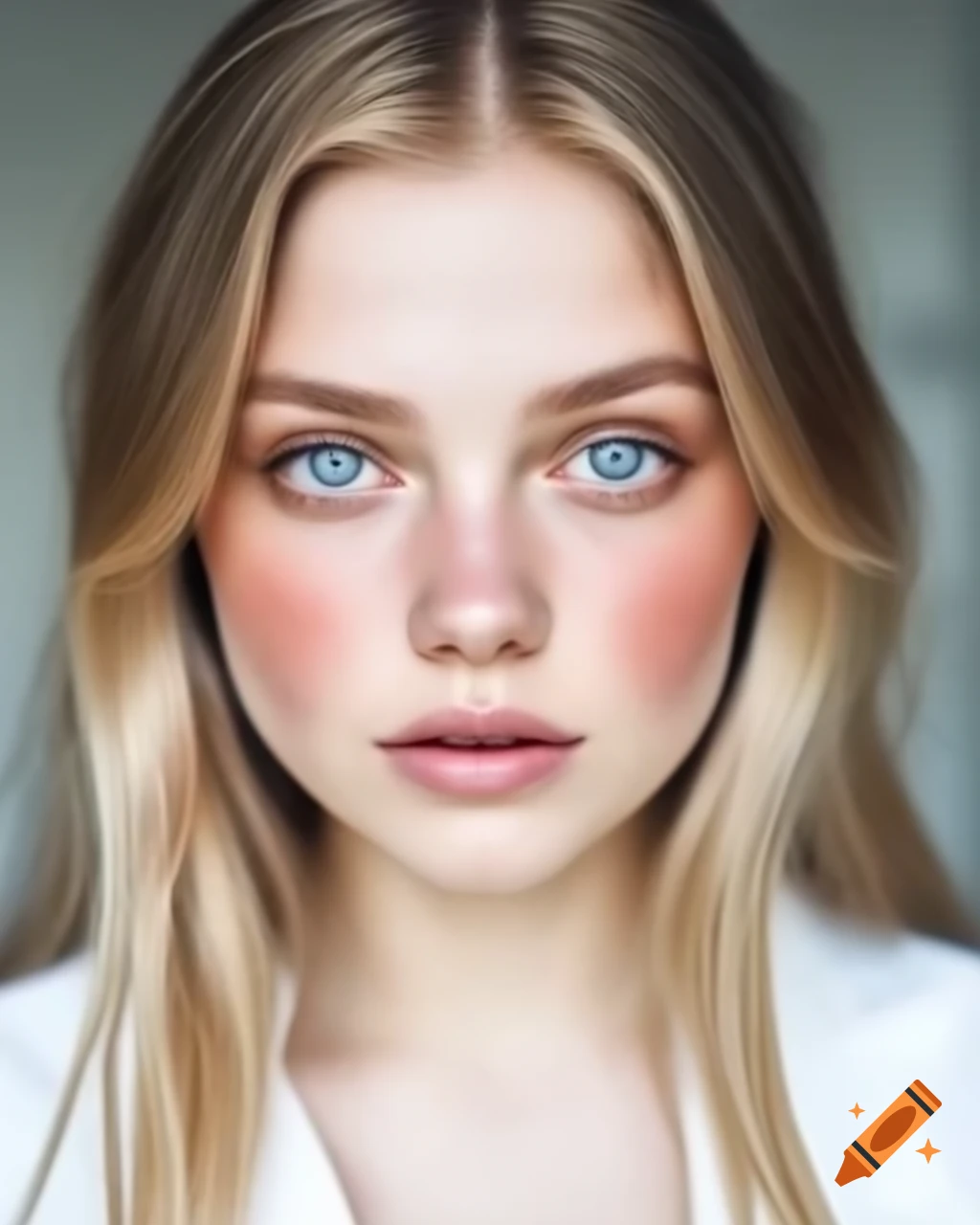 Damsel with blonde hair and blue eyes wearing a white shirt on Craiyon