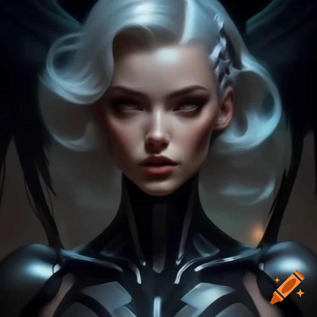 Portrait of woman with white hair and silver cybernetic enhancements ...