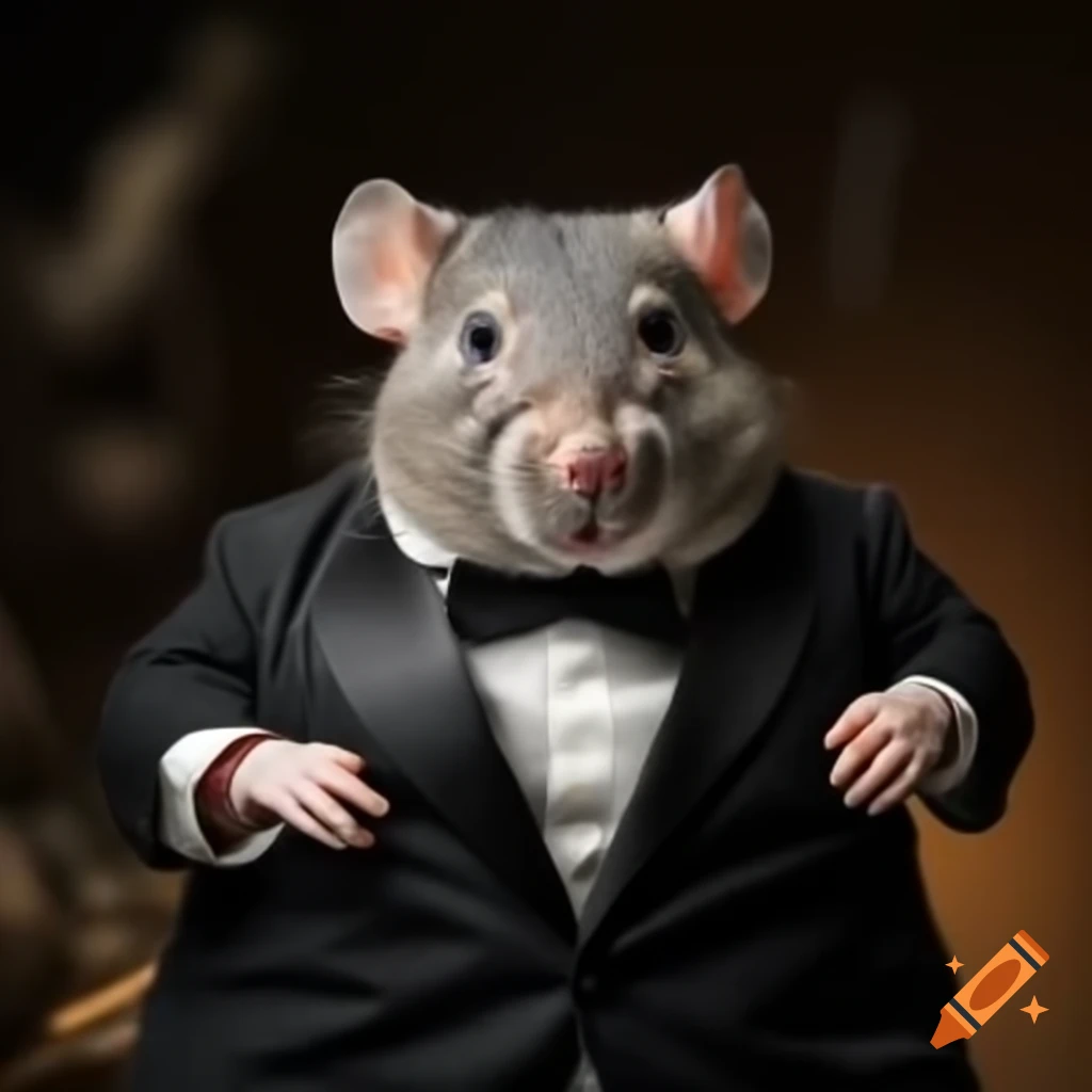 Obese rat in tuxedo with cheese oozing out on Craiyon