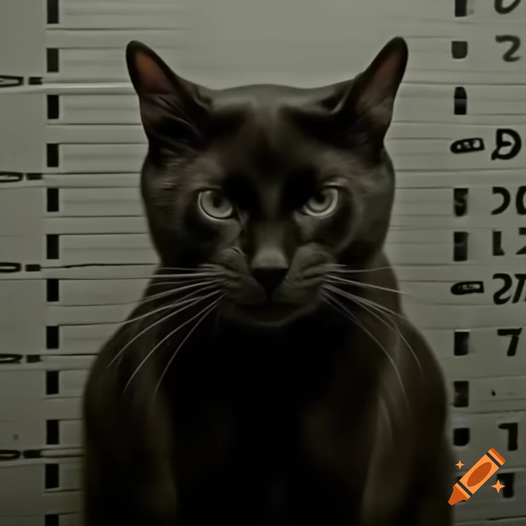 Black cat mugshot with placard, high contrast and brightness on Craiyon