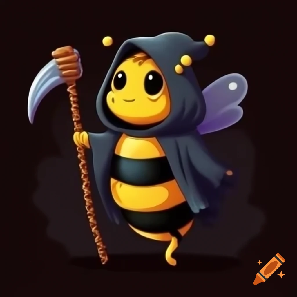 Cartoon bee grim reaper character with honey dipper scythe on Craiyon