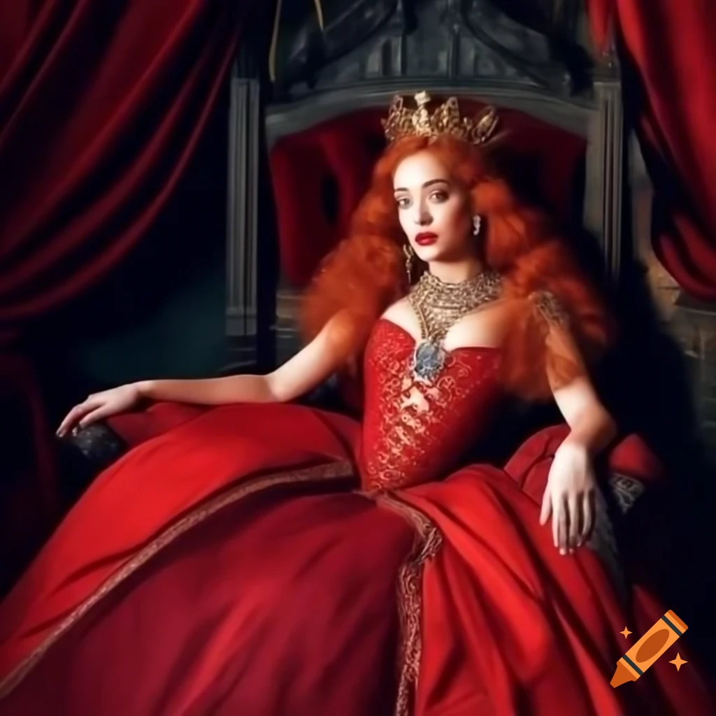 Rita Ora as the redheaded Queen of Hearts in royal dress on throne in ...