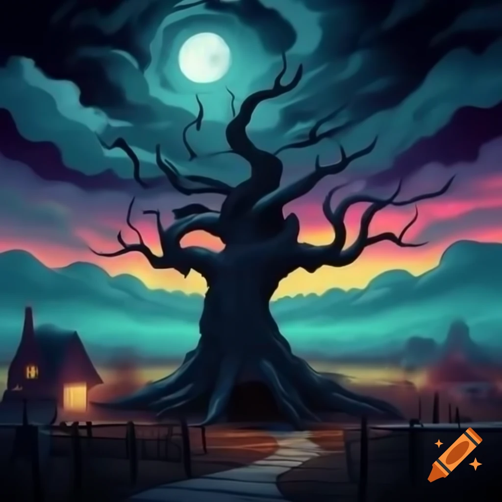Spooky cartoon tree with twisted branches in village at night, colorful ...