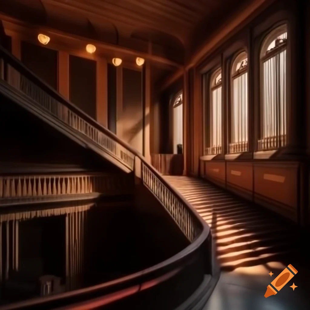 Elegant opera hall with grand staircases and warm orange lighting on ...