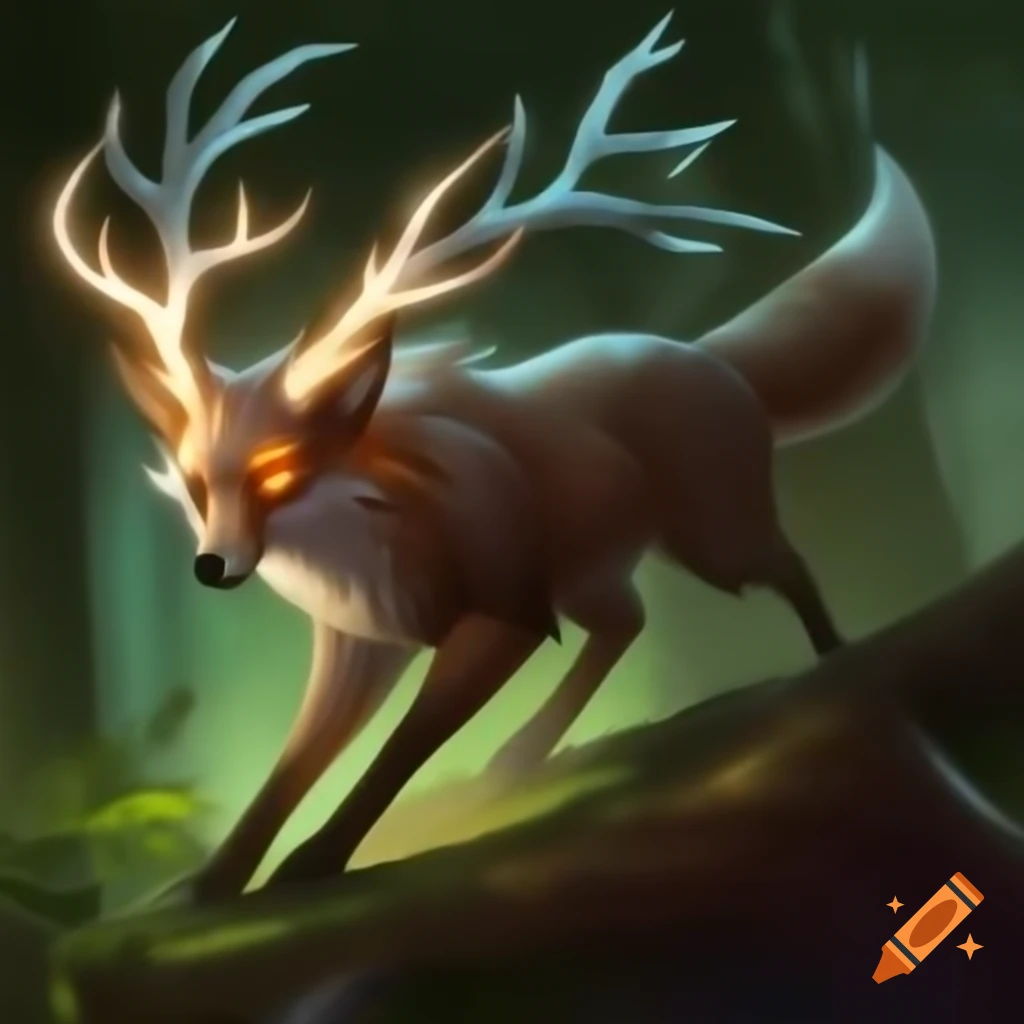 Mystical fox with glowing eyes hunting deer with branch antlers in ...