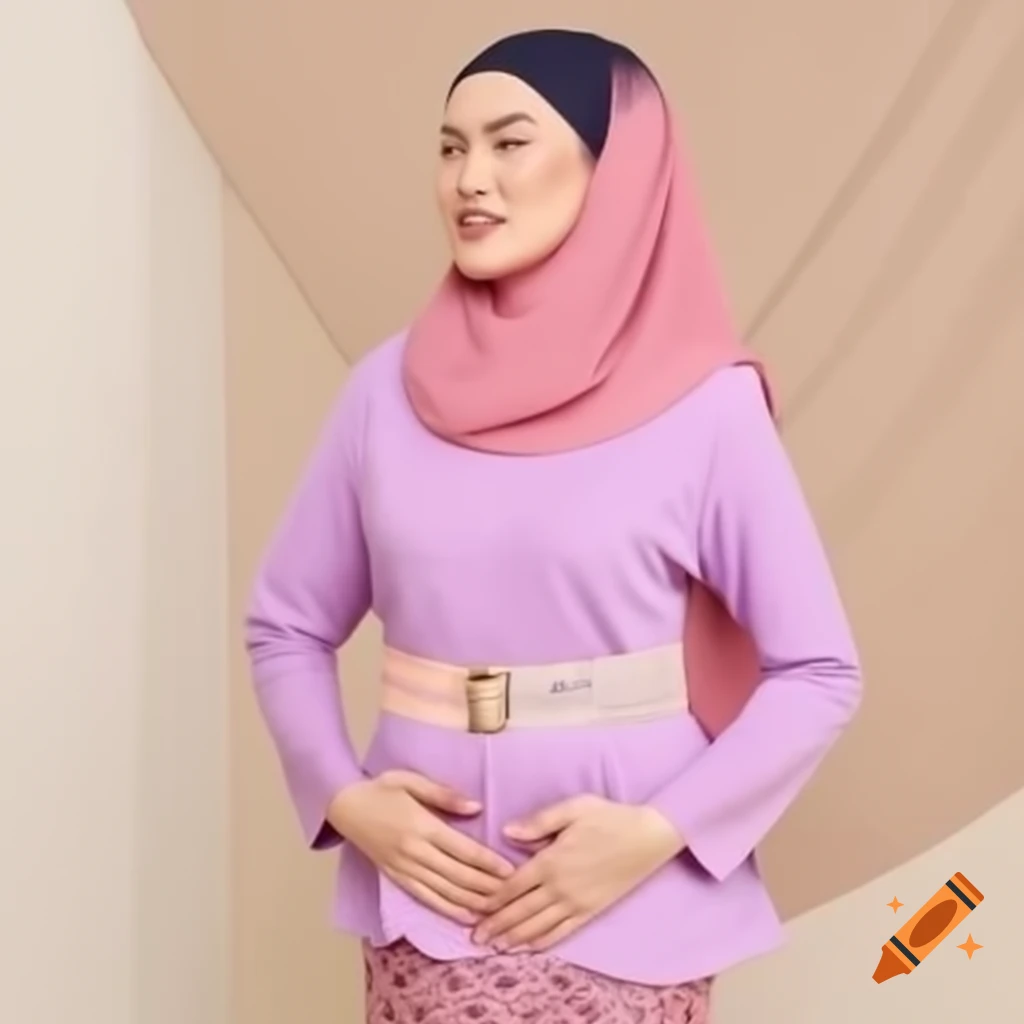 Woman in baju kurung experiencing stomach pain and crying on Craiyon