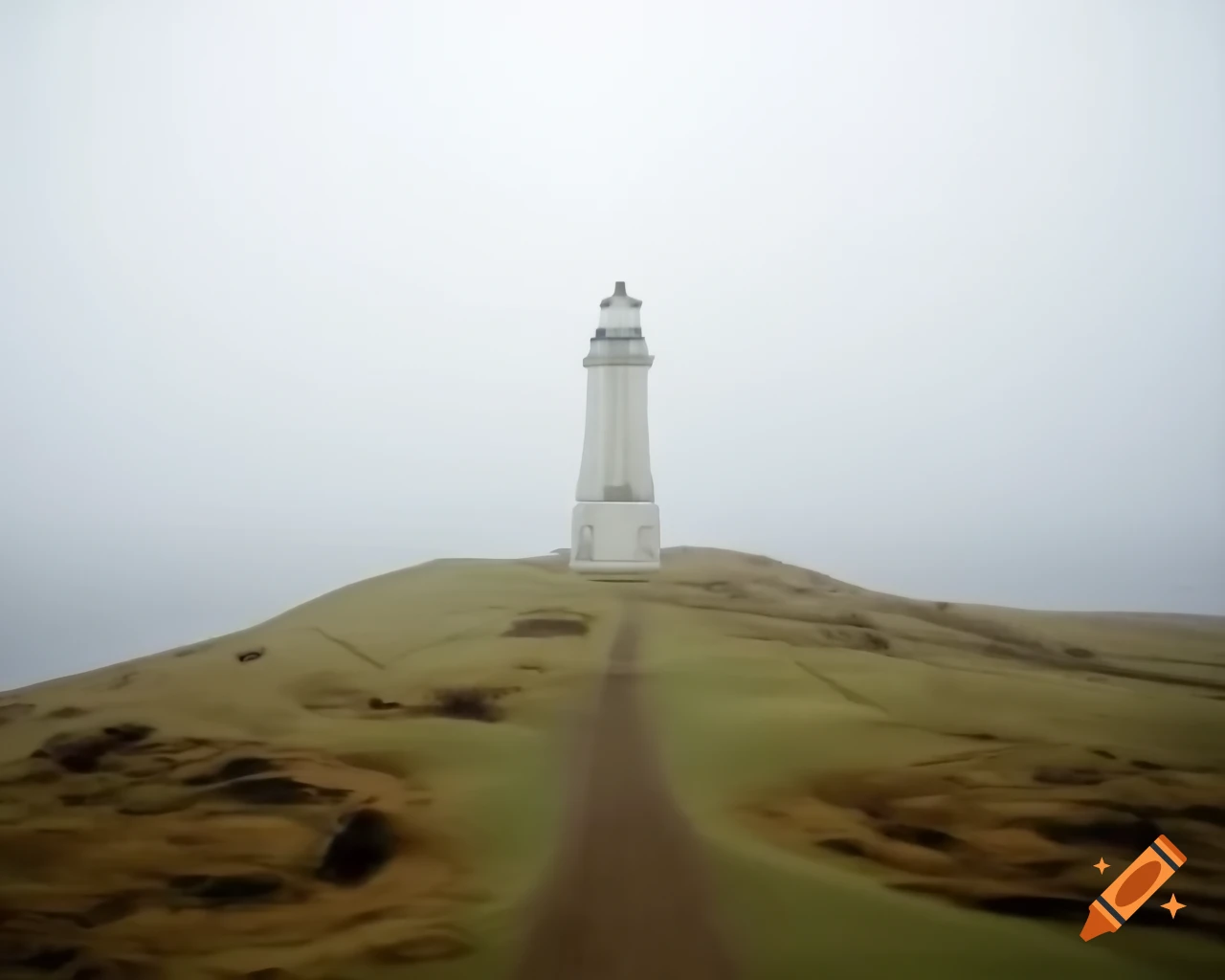 Misty island with lighthouse in dark, clouded liminal space from 2000s ...