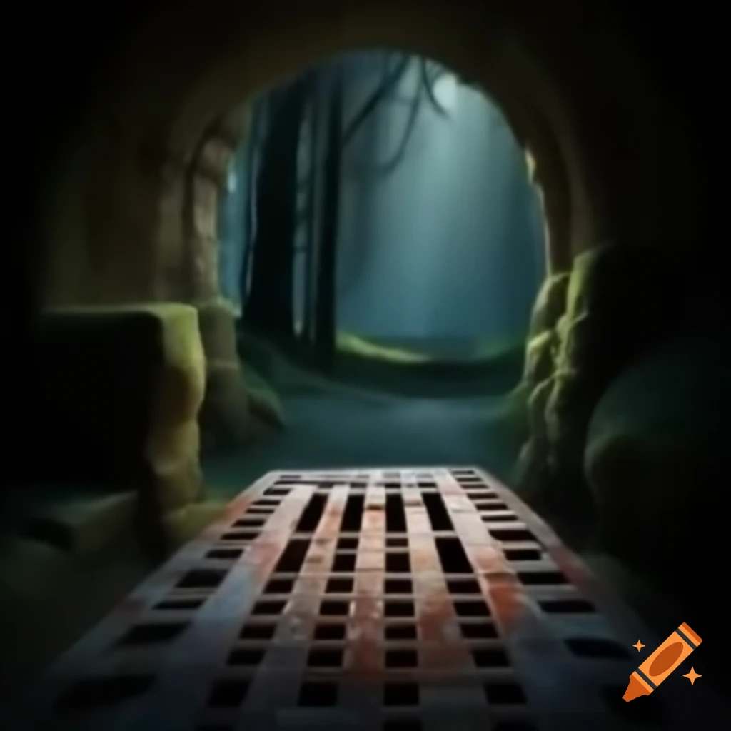 Rusty ancient grate in shadowy forest leading to burial vault at night ...