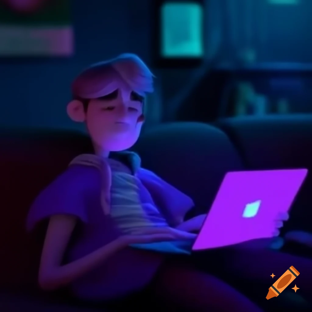 Sad developer with laptop in BladeRunner style featuring violet and purple neon lights on Craiyon