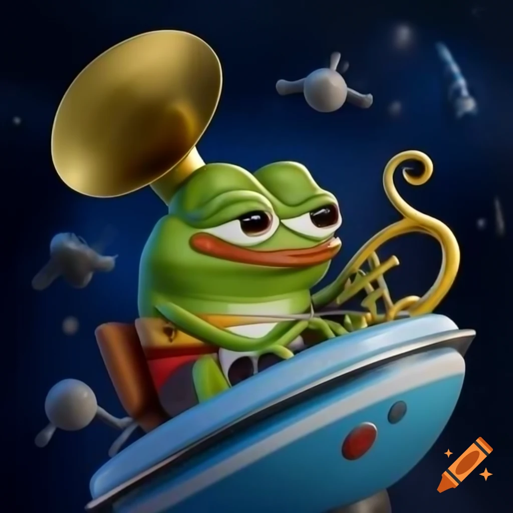 Pepe frog playing sousaphone in a spaceship setting on Craiyon