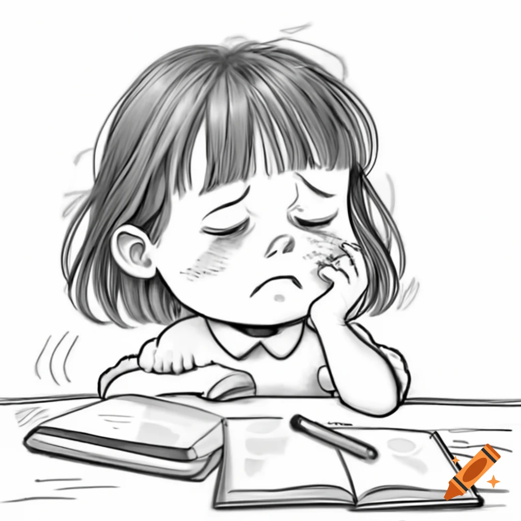 Drawing of girl sitting at table crying with diary and pen on Craiyon