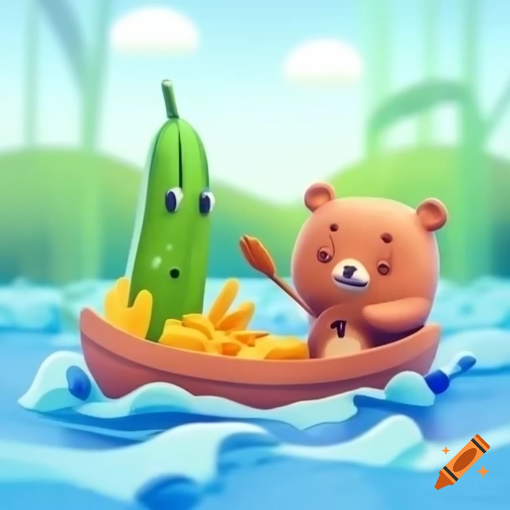Cartoon lima bean and bear enjoying fish and chips in rowboat on Craiyon