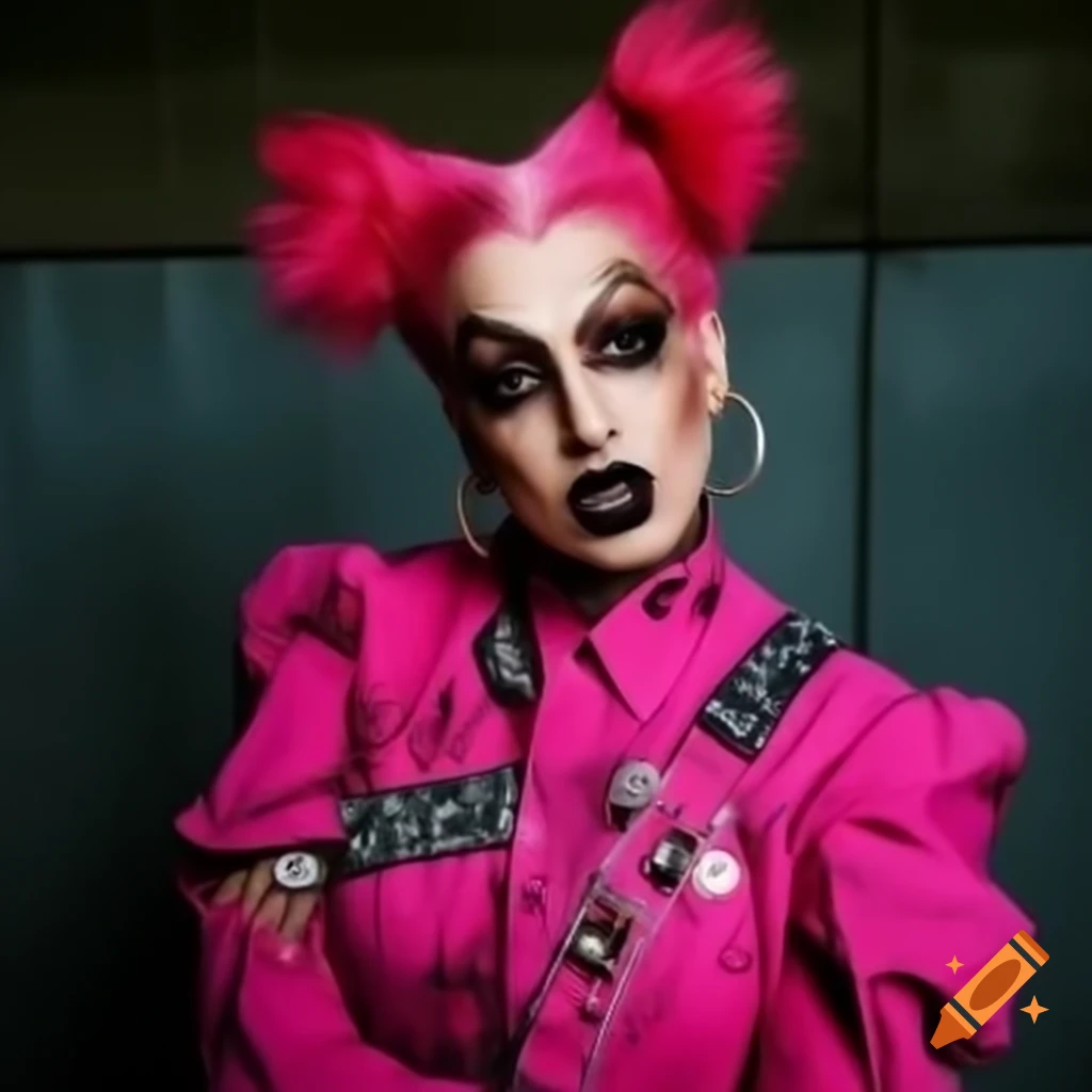 Punk-themed pink look for drag queen featuring distressed outfit and ...