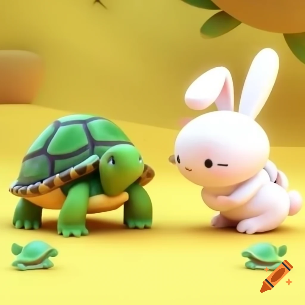 Cartoon of softshell turtle meeting small white rabbit on Craiyon
