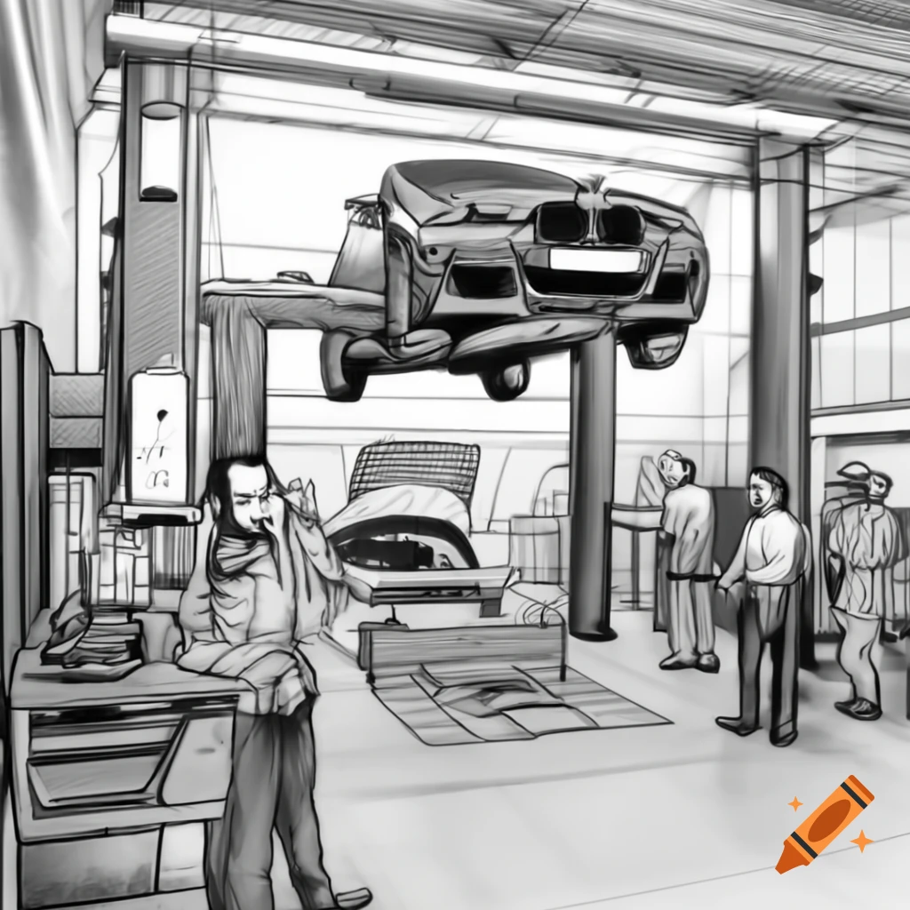 Colorful sketch of car workshop with mechanic and people observing on ...