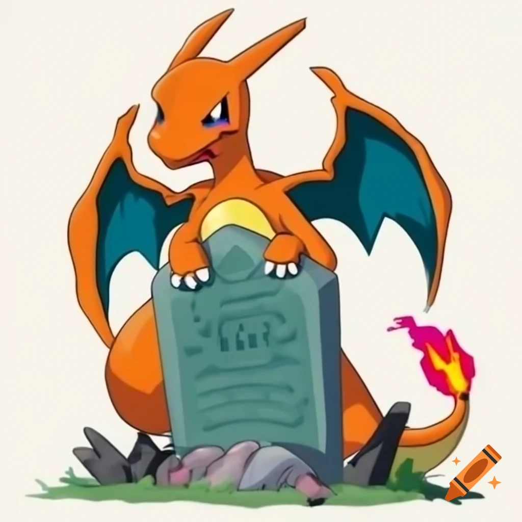 Cartoon illustration of Charizard behind detailed tombstone with RIP ...
