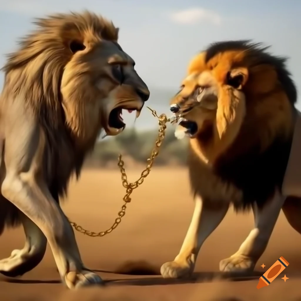 Two lions battling in African savannah, one with gold chains and mohawk ...