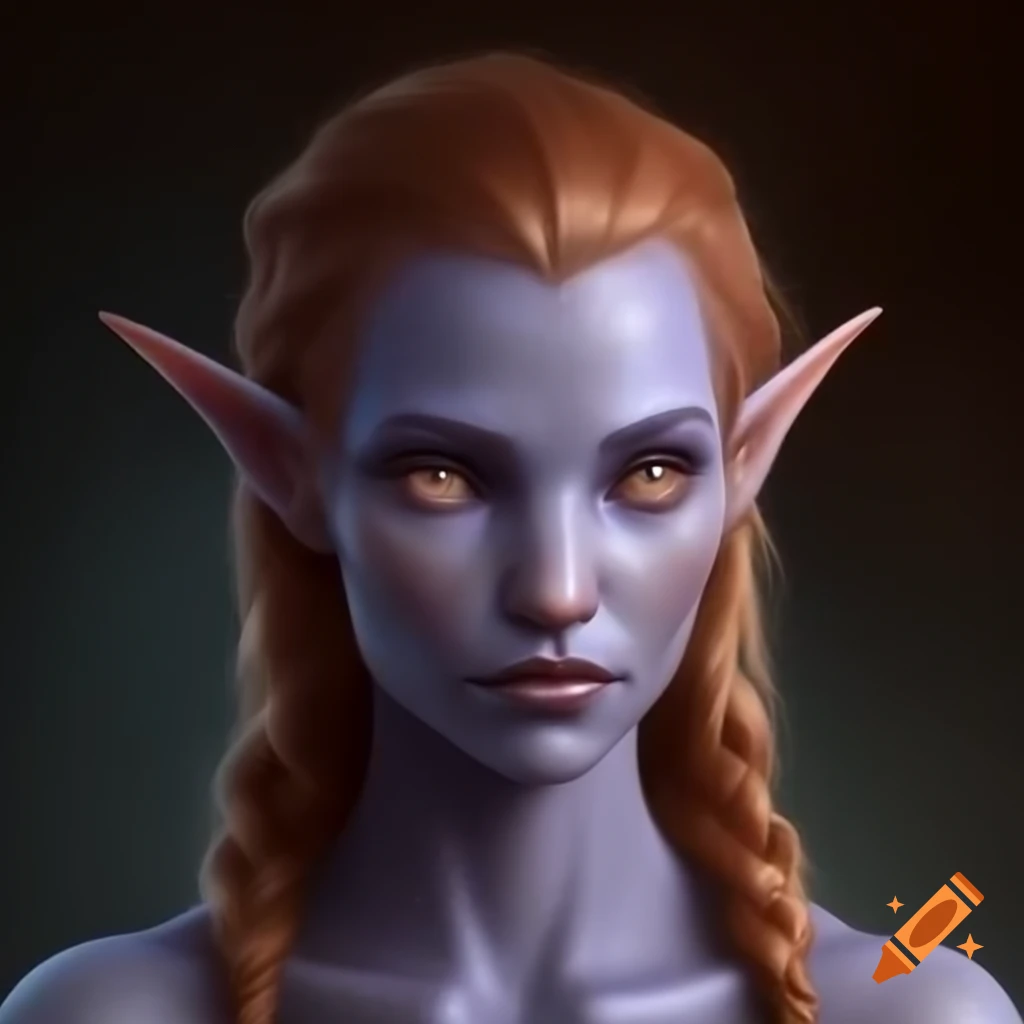 Photorealistic elf woman with gray purple skin and copper hair dancing ...