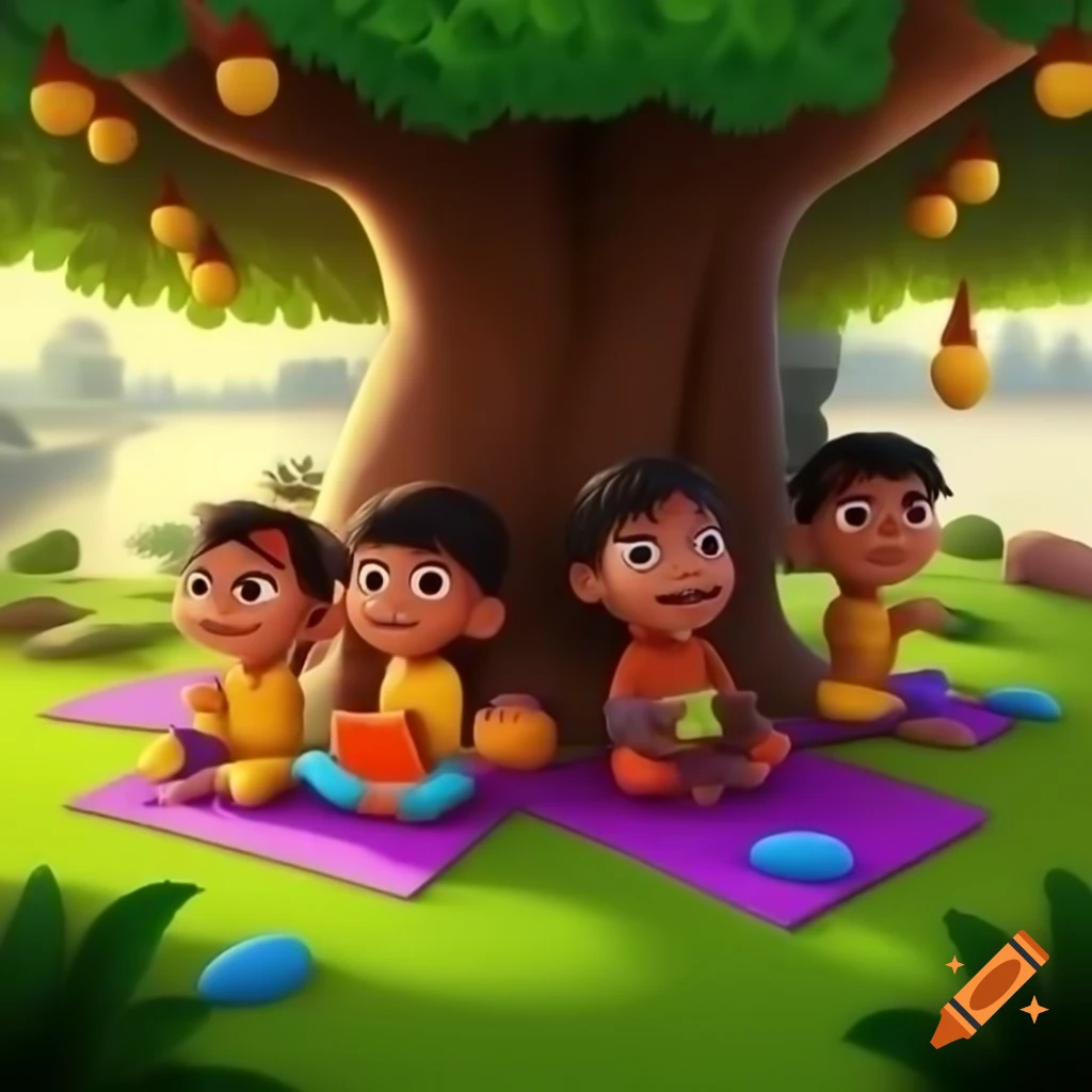 Indian children counting mangoes under a banyan tree, smiling and ...