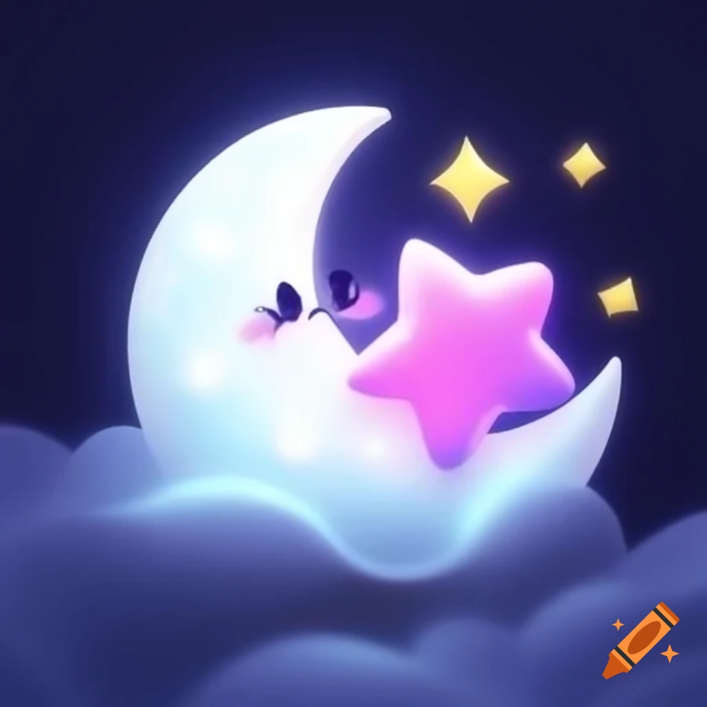 Cute moon hugging glowing star in pastel emoji style on Craiyon