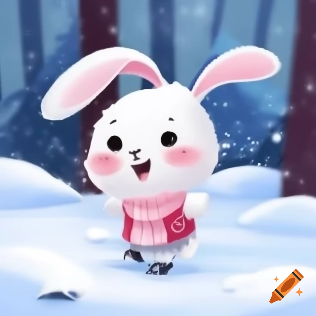 Cartoon rabbit walking in snow in children's storybook style on Craiyon