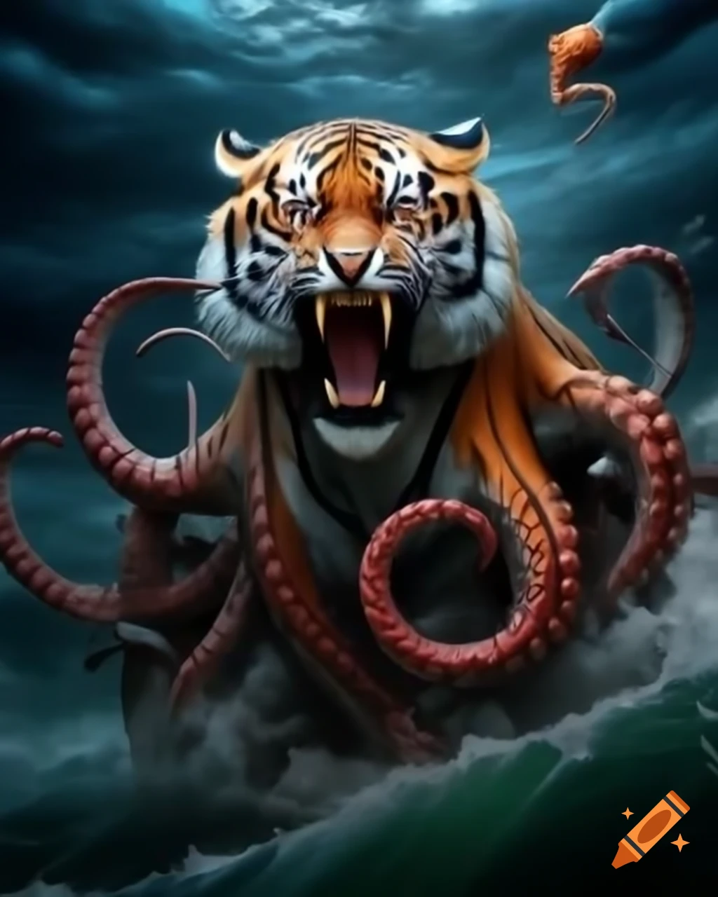 Surreal hybrid of tiger and octopus emerging from stormy ocean waves on ...