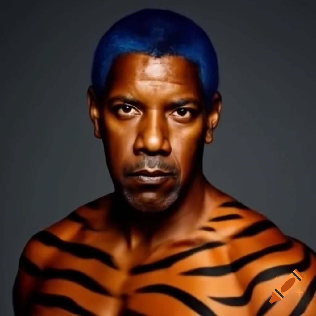 Muscular man with tiger-style makeup featuring blue hair and orange ...