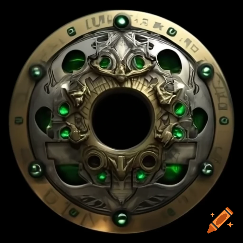 Detailed silver and gold disk with gem-sized holes and dark greenish ...